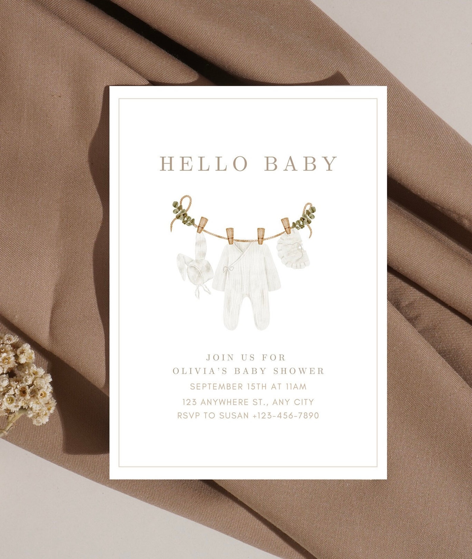 Gender Neutral Baby Shower Invitation: Minimalist Clothesline Design ...
