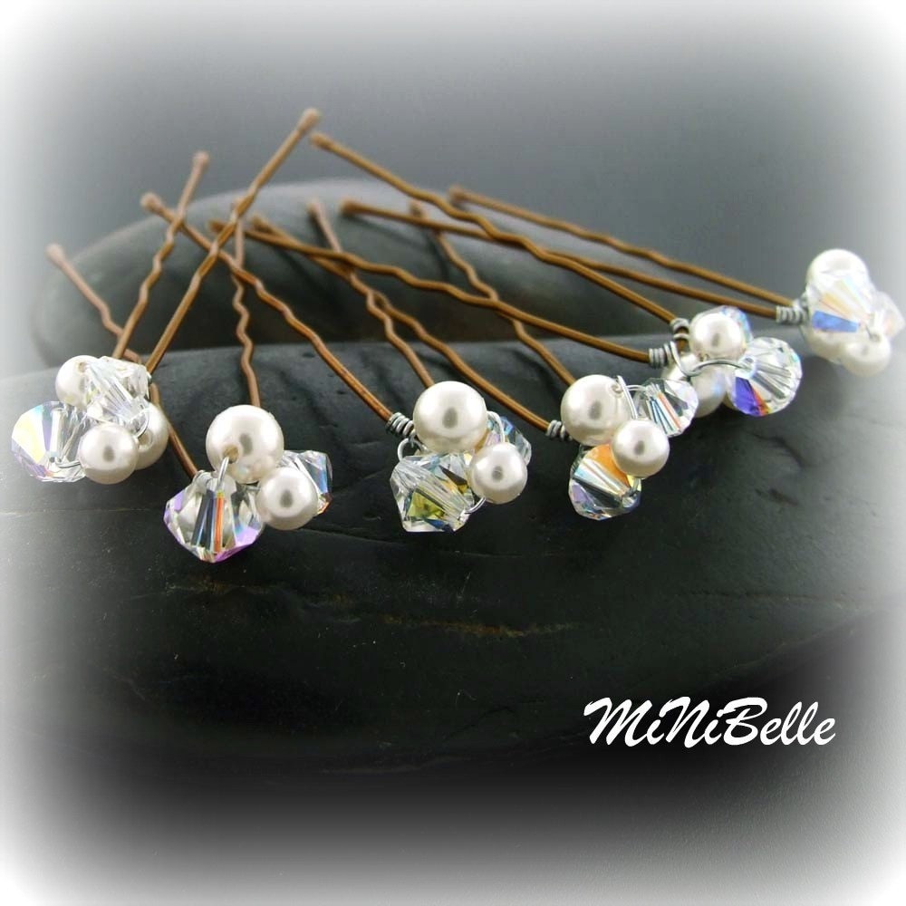 Mini Little Cluster Bridal Hair Pins Set of 6 Crystals and White Pearls ...