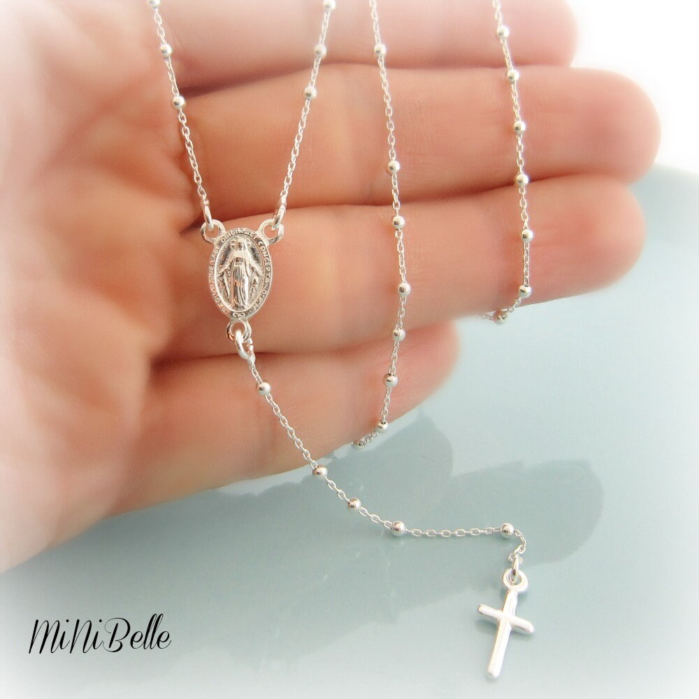 Solid Sterling Silver Rosary Necklace. Petite Baptism and | Etsy