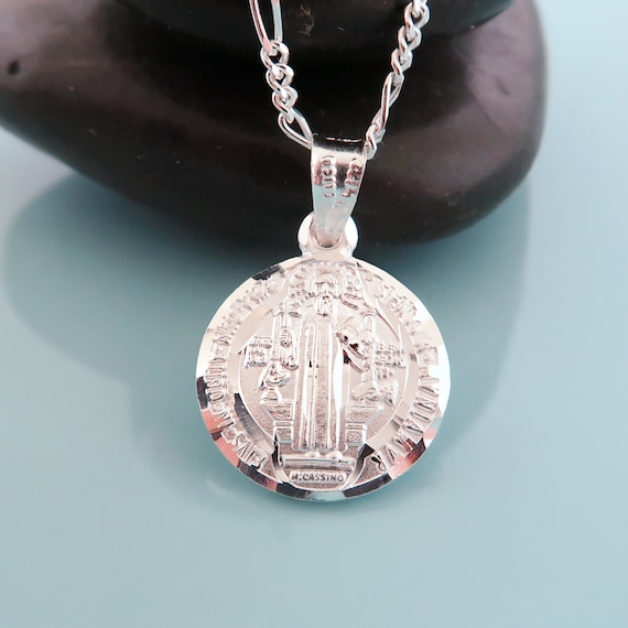 Sterling Silver St. Benedict Medal Necklace. Catholic Religious Jewelry. Medalla San Benito. Small St. Benedict Charm Figaro Necklace Etsy