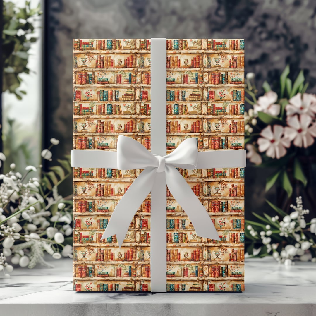 Vintage Book Wrapping Paper Roll Book Shelf Gift Wrap for Librarian ...