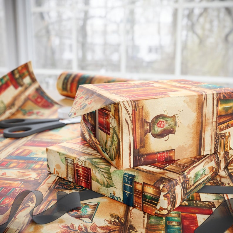 Vintage Book Wrapping Paper Roll Book Shelf Gift Wrap for Librarian ...