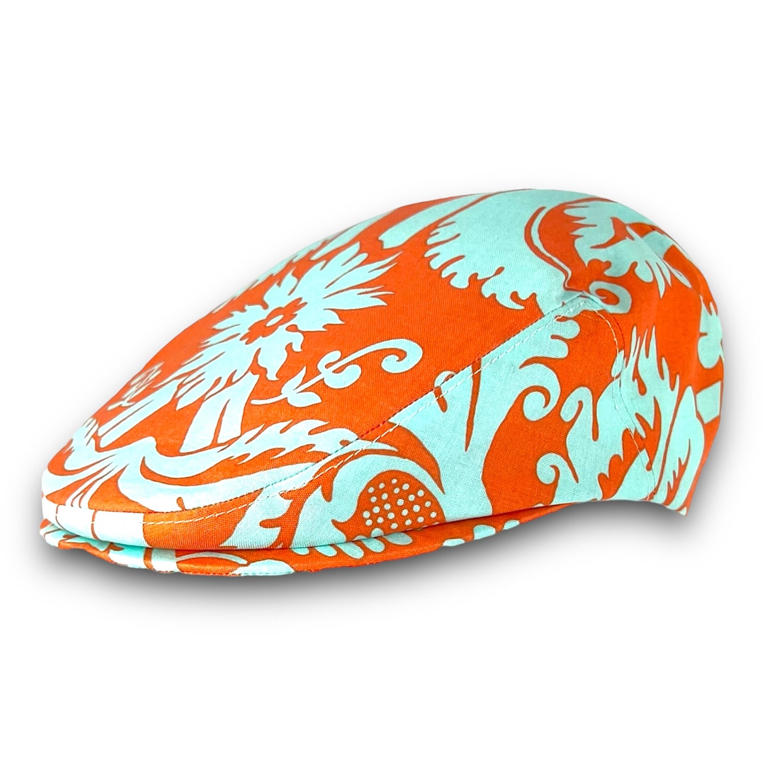 Custom Handmade Orange and Aqua Damask Print Cotton Jeff Cap, Flat Ivy ...