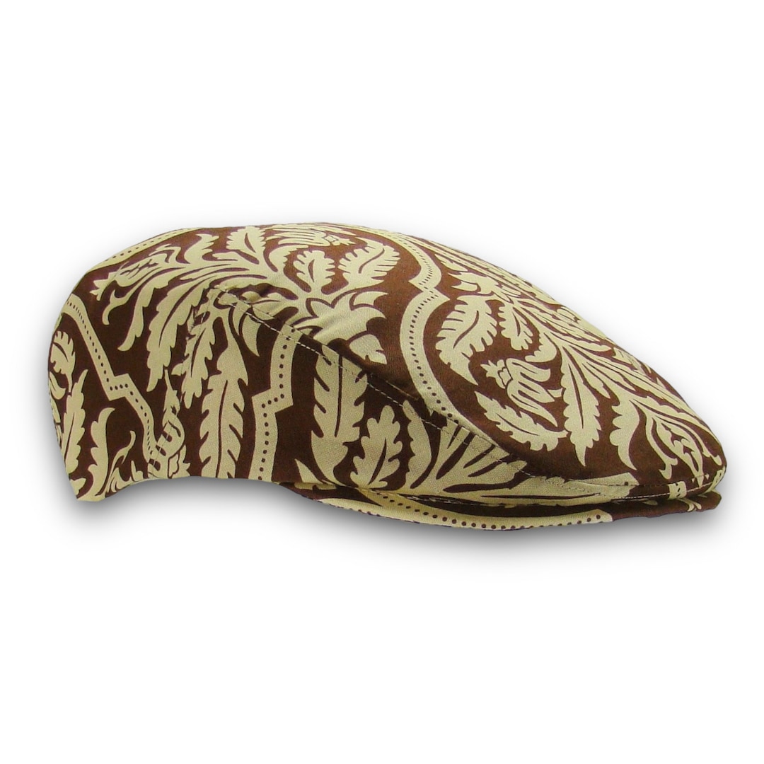 Custom Handmade Brown Damask Print Cotton Jeff Cap, Flat Ivy Cap ...