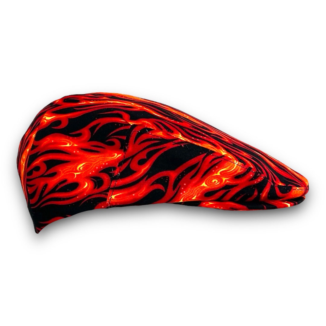 Custom Handmade Novelty Fire Flames Print Cotton Jeff Cap, Flat Ivy Cap ...