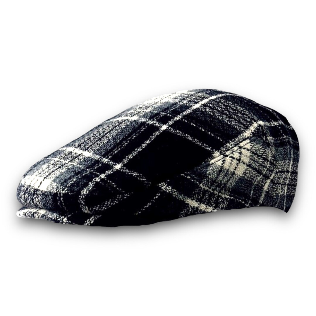 Custom Handmade Black Grey & Ivory Plaid Flat Jeff Cap, Ivy Cap ...