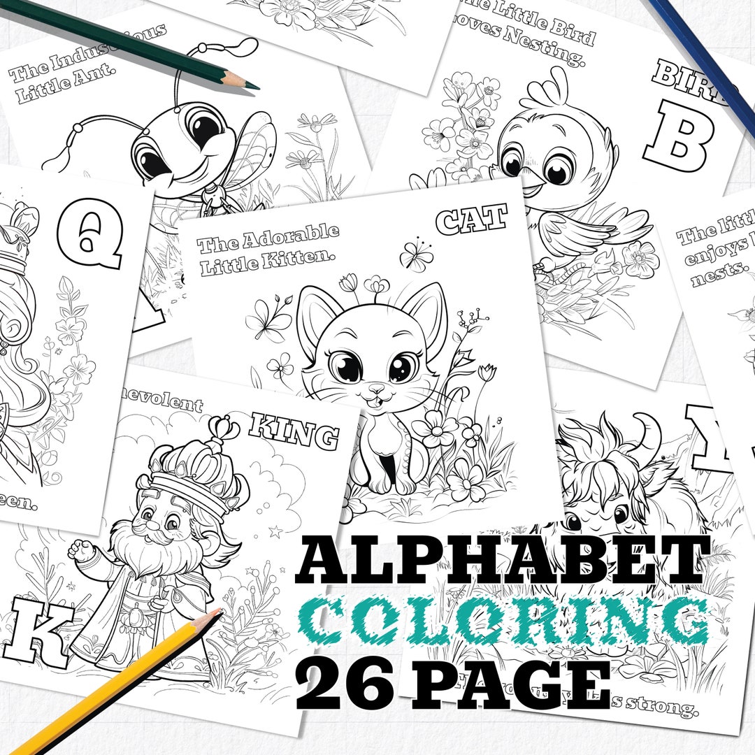 Cute Animal Alphabet Coloring 26 Page Instant Download, Printable PDF ...