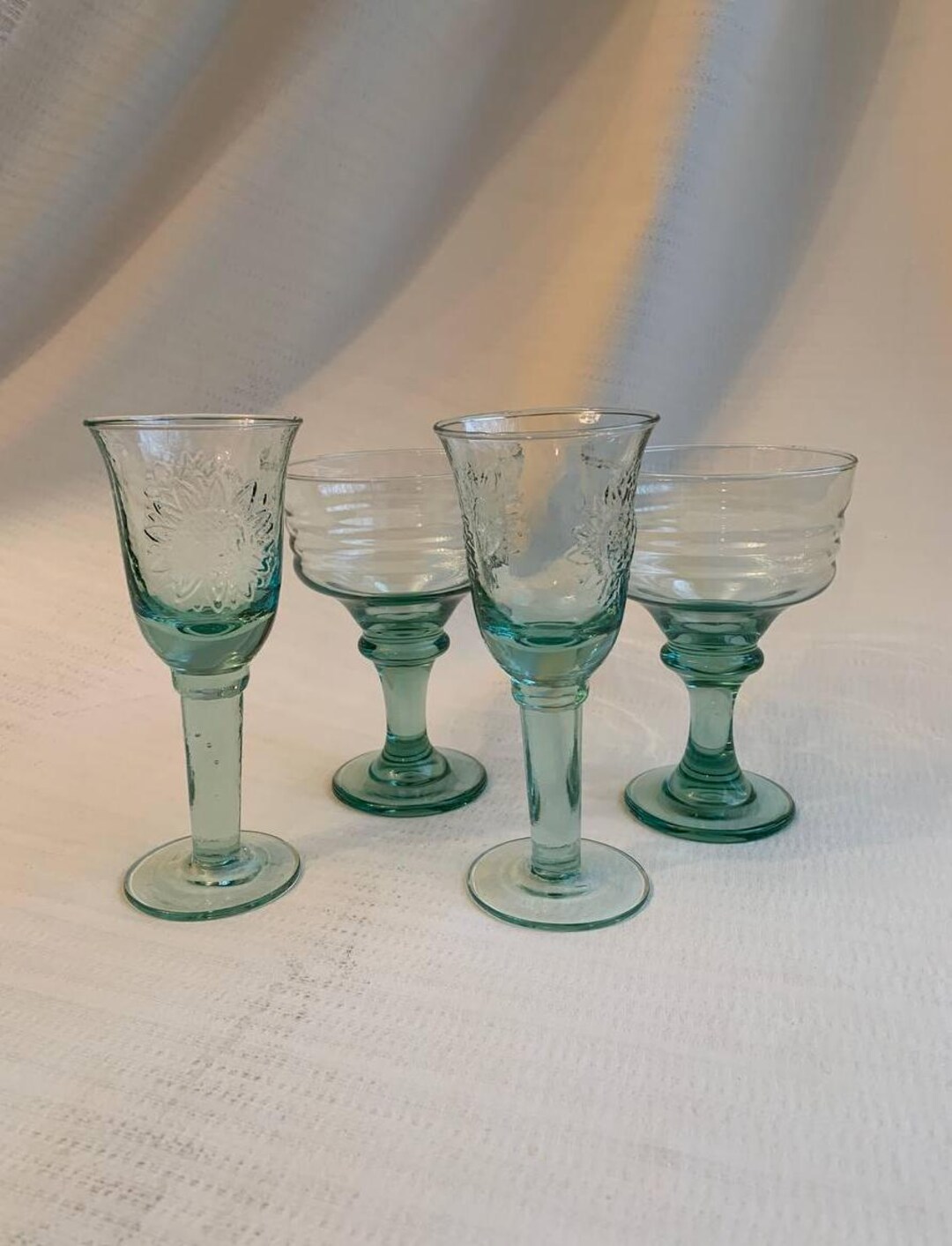 Vintage Green Glass Goblet Set Set of 4 Elegant Green Glasses Engraved ...