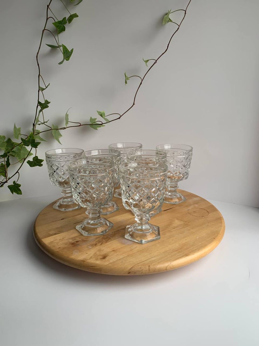 Vintage Pressed Glass Wine & Water Goblets Set of 7 Diamond Point ...