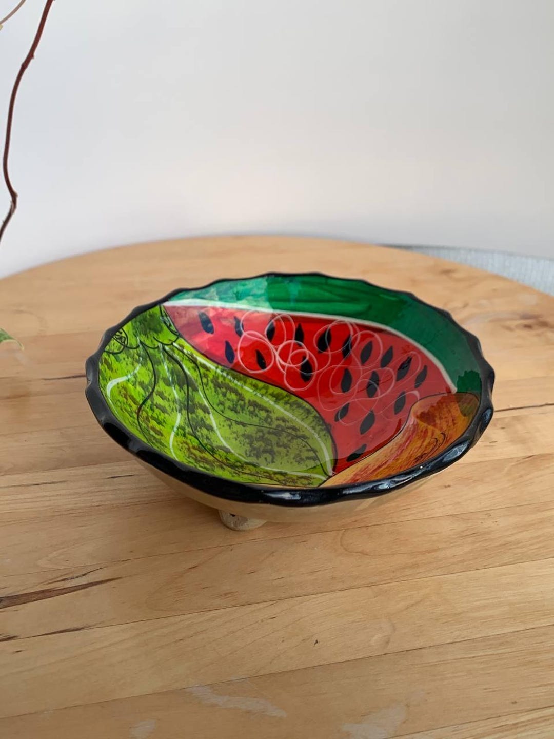 Handmade Ceramic Fruit Bowl | Watermelon Mango 3-legged Dish | Colorful ...
