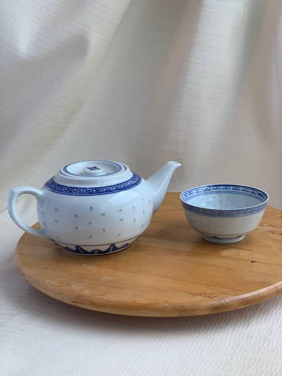 Vintage Rice Eyes Blue & White Porcelain Teapot and Bowl Set | Chinese ...