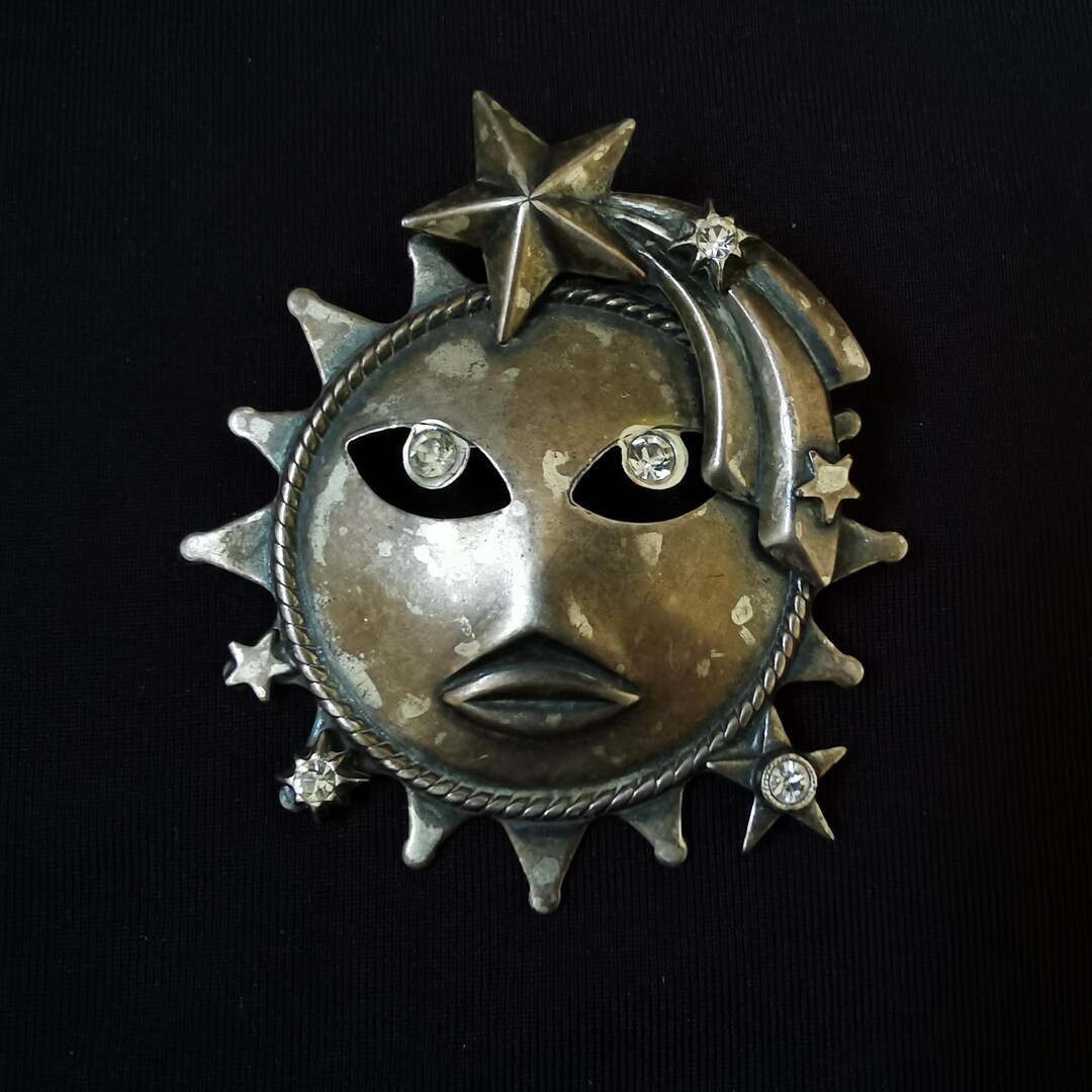 Askew London Sun Face Brooch, Celestial Mask Pin, Vintage Silver Tone ...