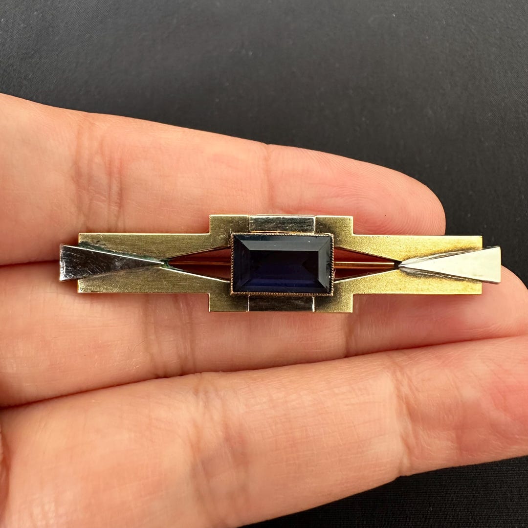 French Art Deco FIX Bar Brooch – Gold-filled Geometric Design With Blue ...