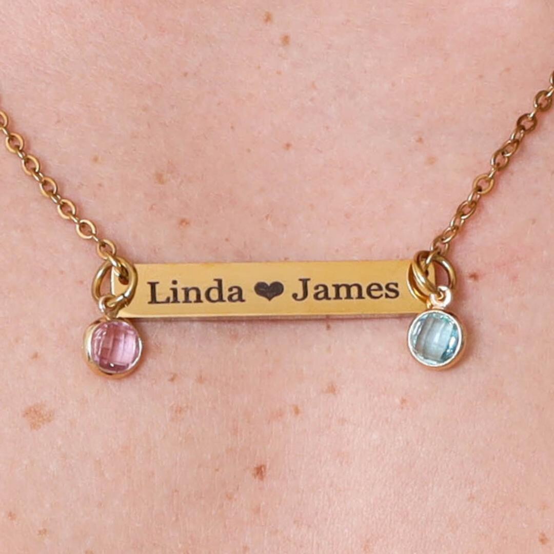 Personalized Name Bar Necklace With Birthstone, Engraved Couple Jewelry ...