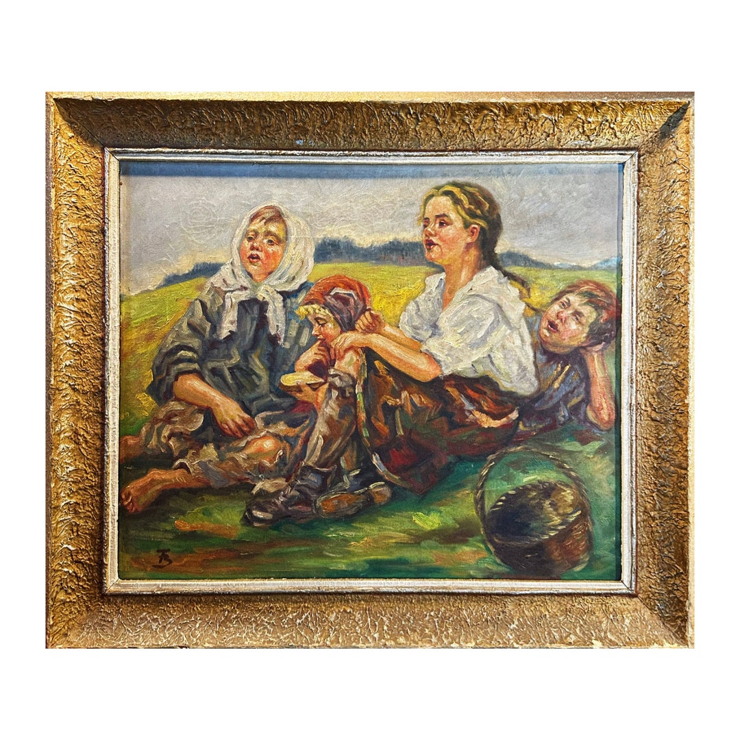 Vintage Czech Framed Oil Painting: Children in Nature Scene, Pre-war ...