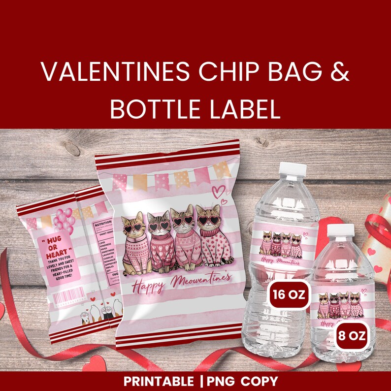 PRINTABLE Cat Valentine Chip Bag & Bottle Labels, Valentine Treat Bag ...