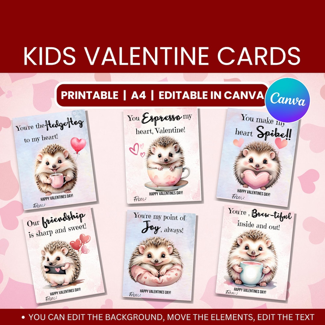 Printable Hedgehog Valentine Card, Editable Valentines Card, Kids ...
