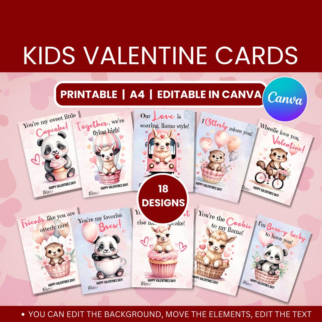 EDITABLE Printable 18 Valentines Card for Kids, Editable Valentines ...