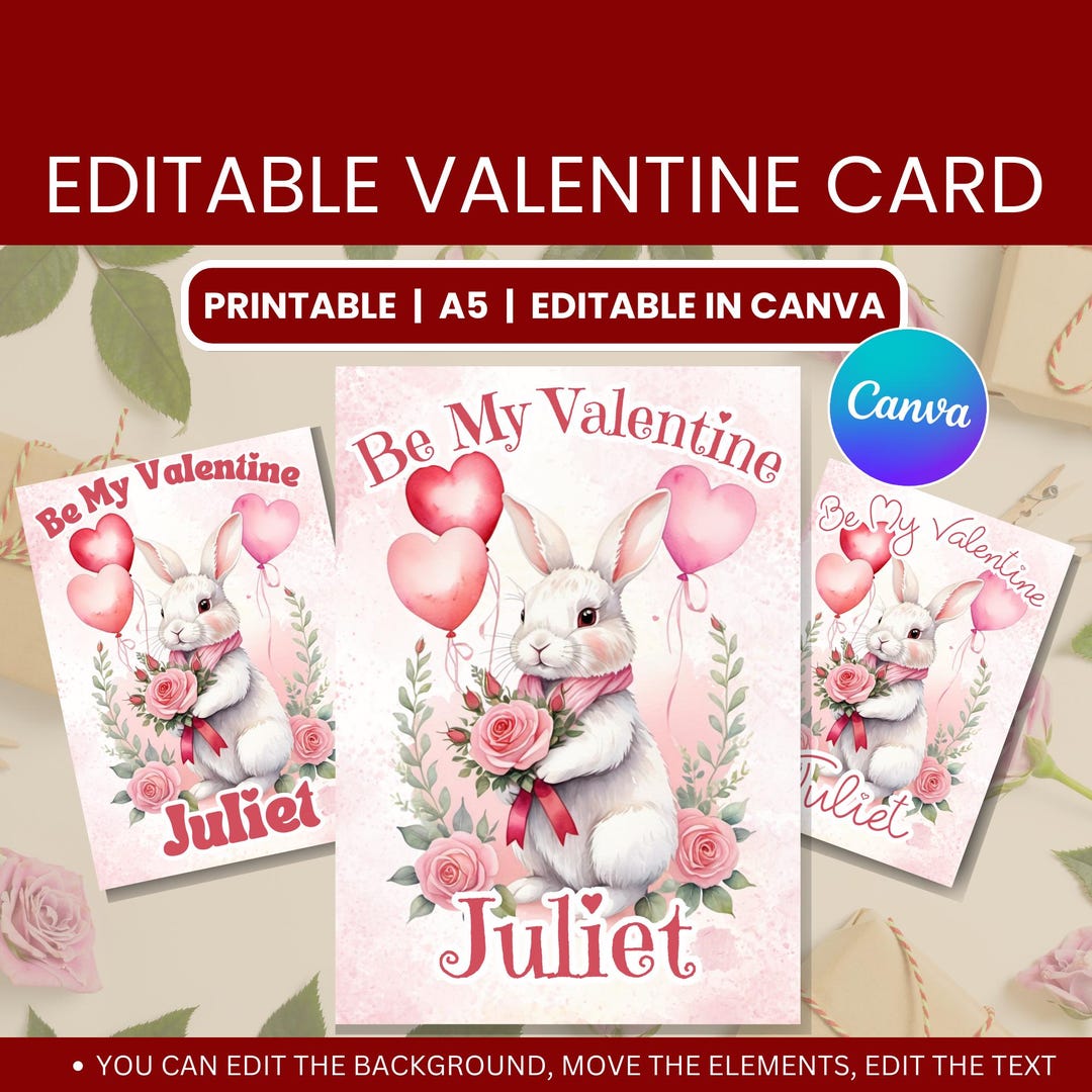 EDITABLE Bunny Valentine Card, Editable Valentines Card, Customizable ...