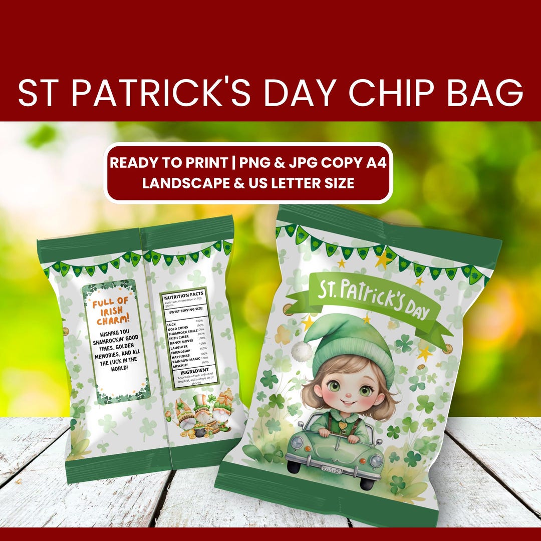 PRINTABLE St. Patricks Day Chip Bag, Party Favor Treat Bag, Shamrock ...