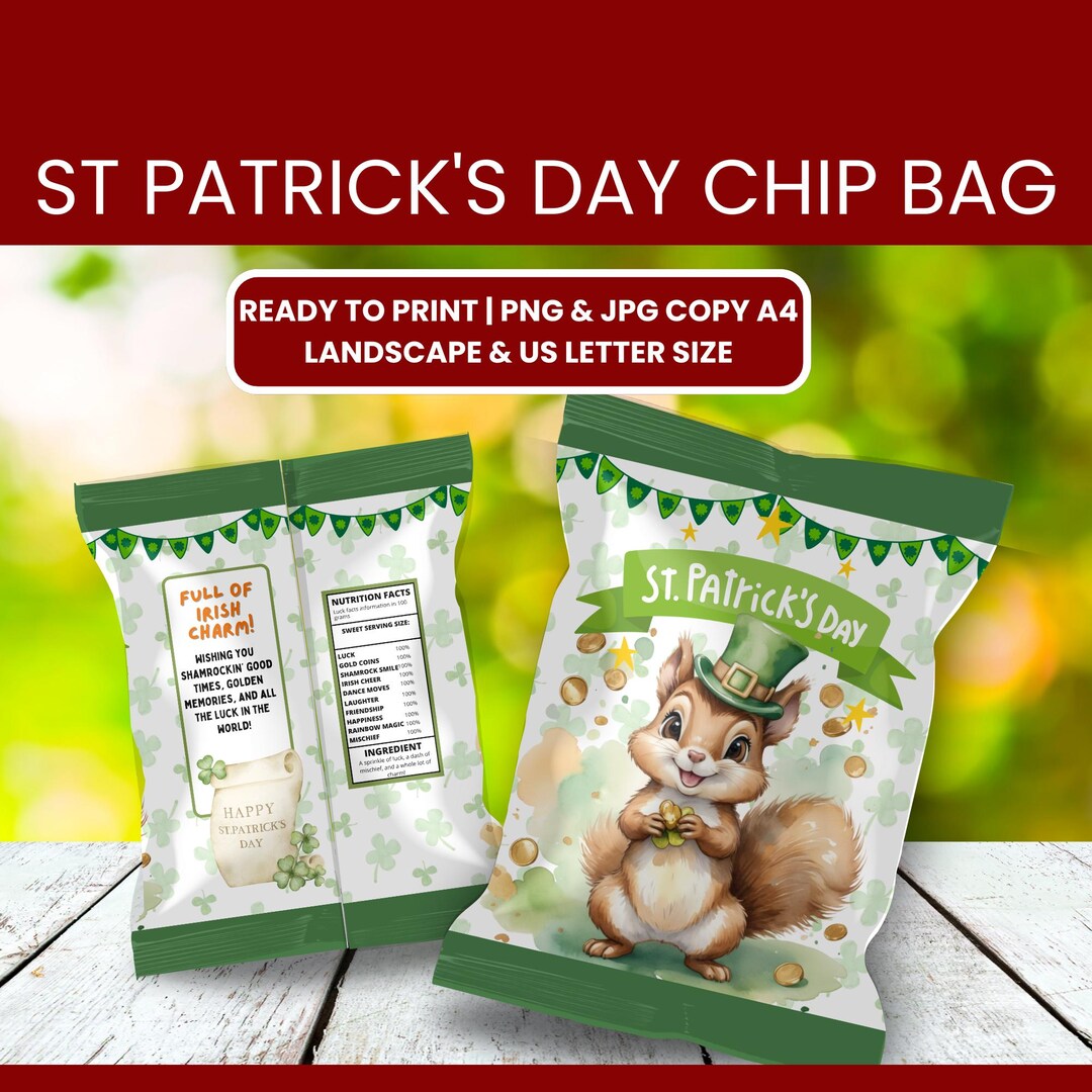PRINTABLE St. Patricks Day Chip Bag, Party Favor Treat Bag, Shamrock ...