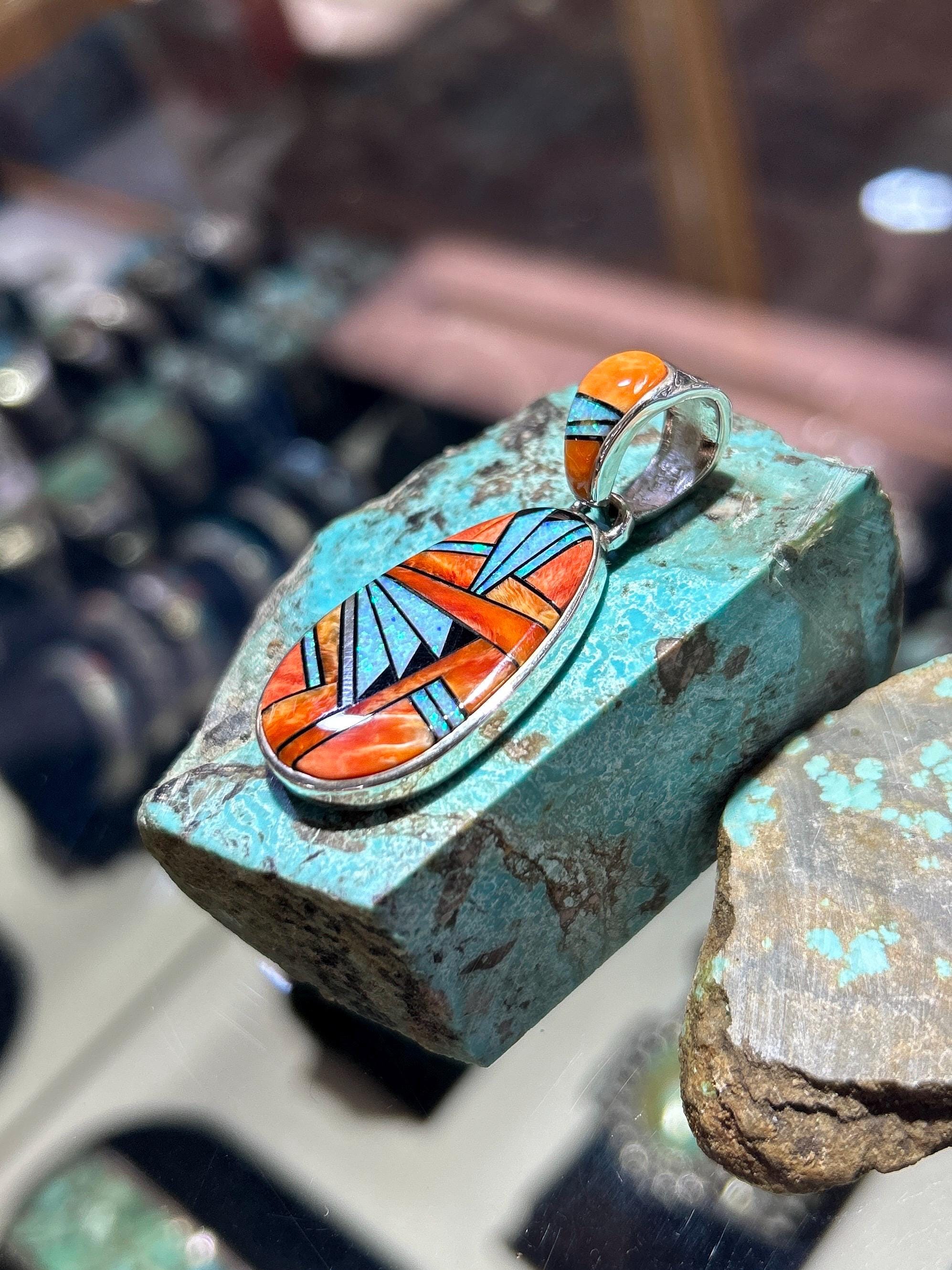 Orange Spiny Oyster Shell Inlay Opal Double Sided Sterling Silver ...