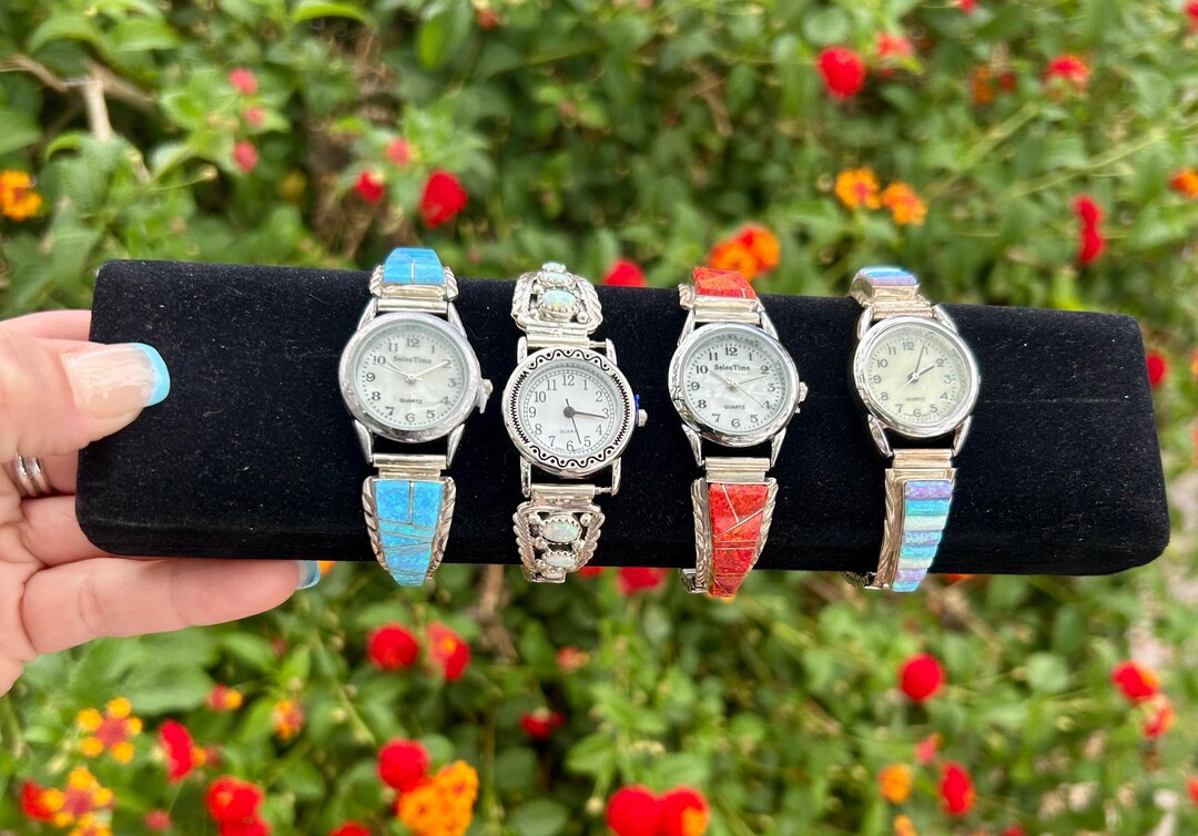 Navajo Handmade Opal Inlaid Sterling Silver Stretch Watches / 4 ...