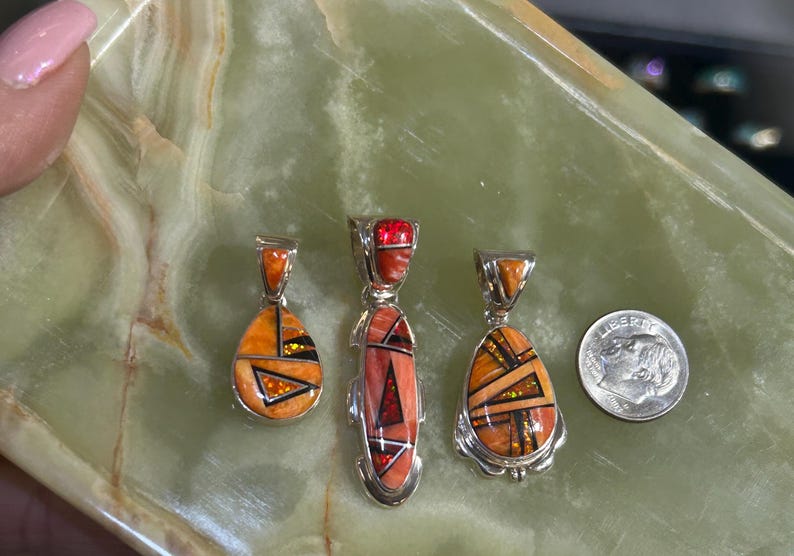 Spiny Oyster Shell Inlay Opal Sterling Silver Navajo Handmade Pendants ...