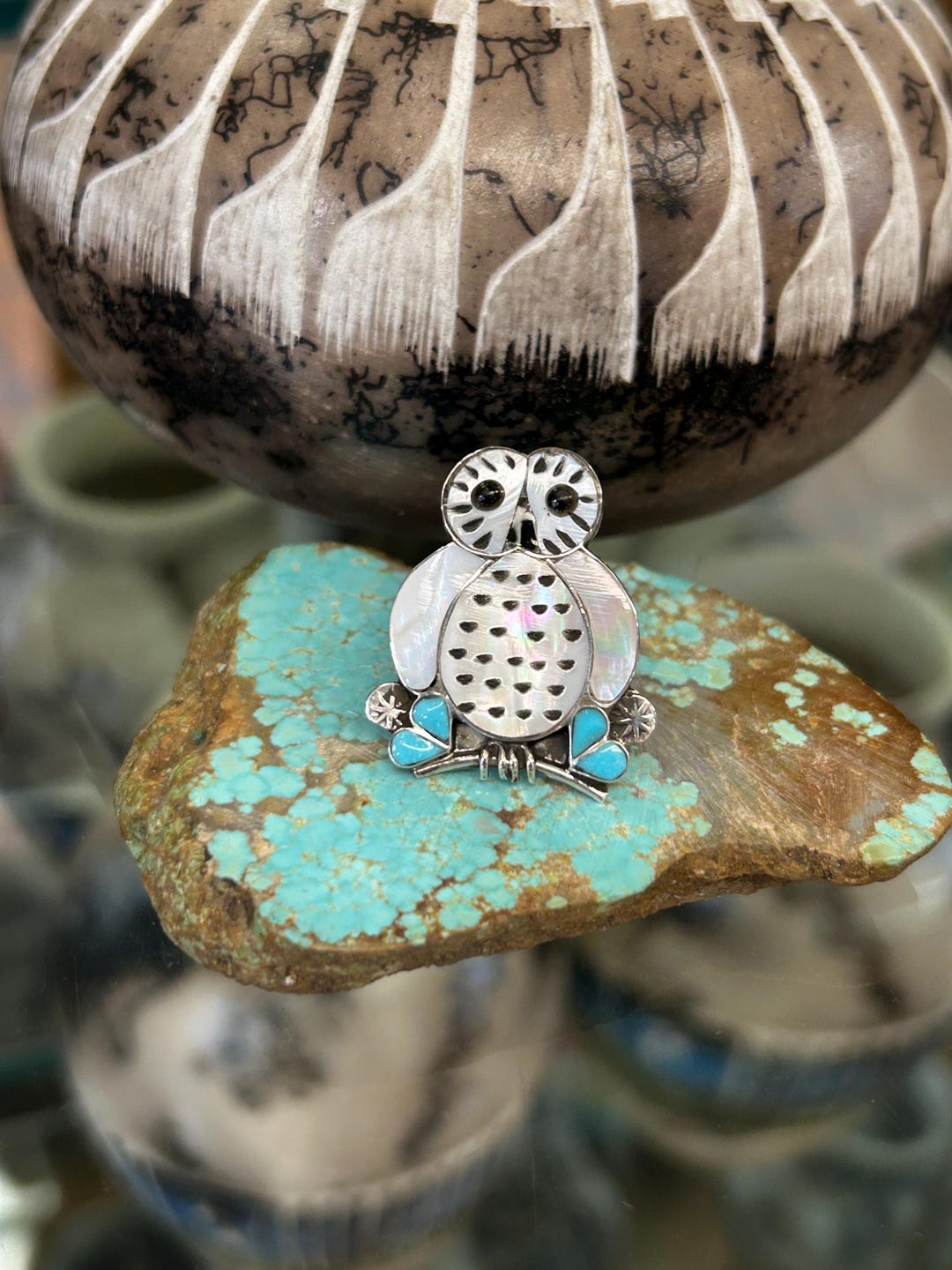 Zuni Handmade Owl Inlay Mother of Pearl Multistone Sterling Silver Ring ...