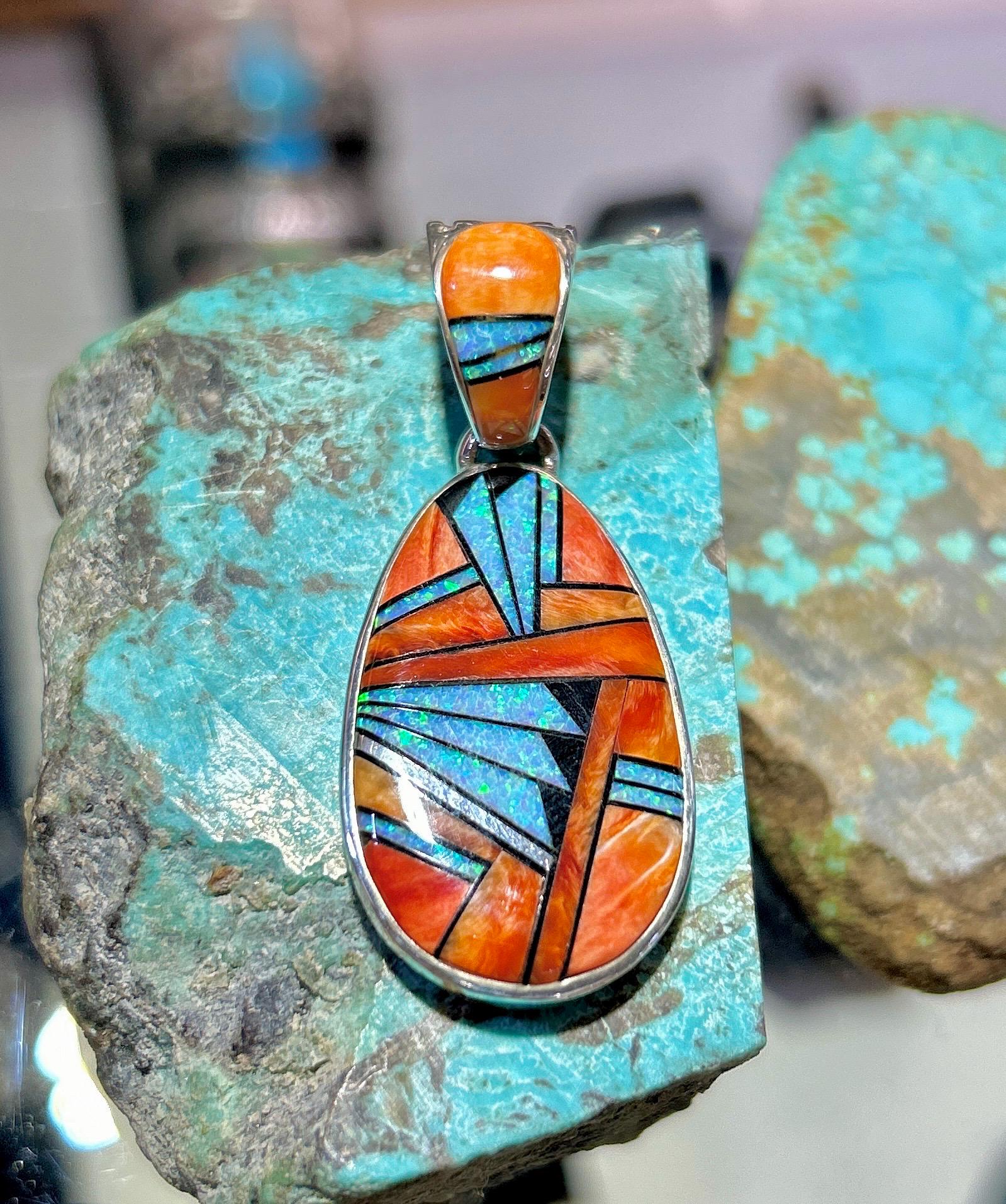 Orange Spiny Oyster Shell Inlay Opal Double Sided Sterling Silver ...