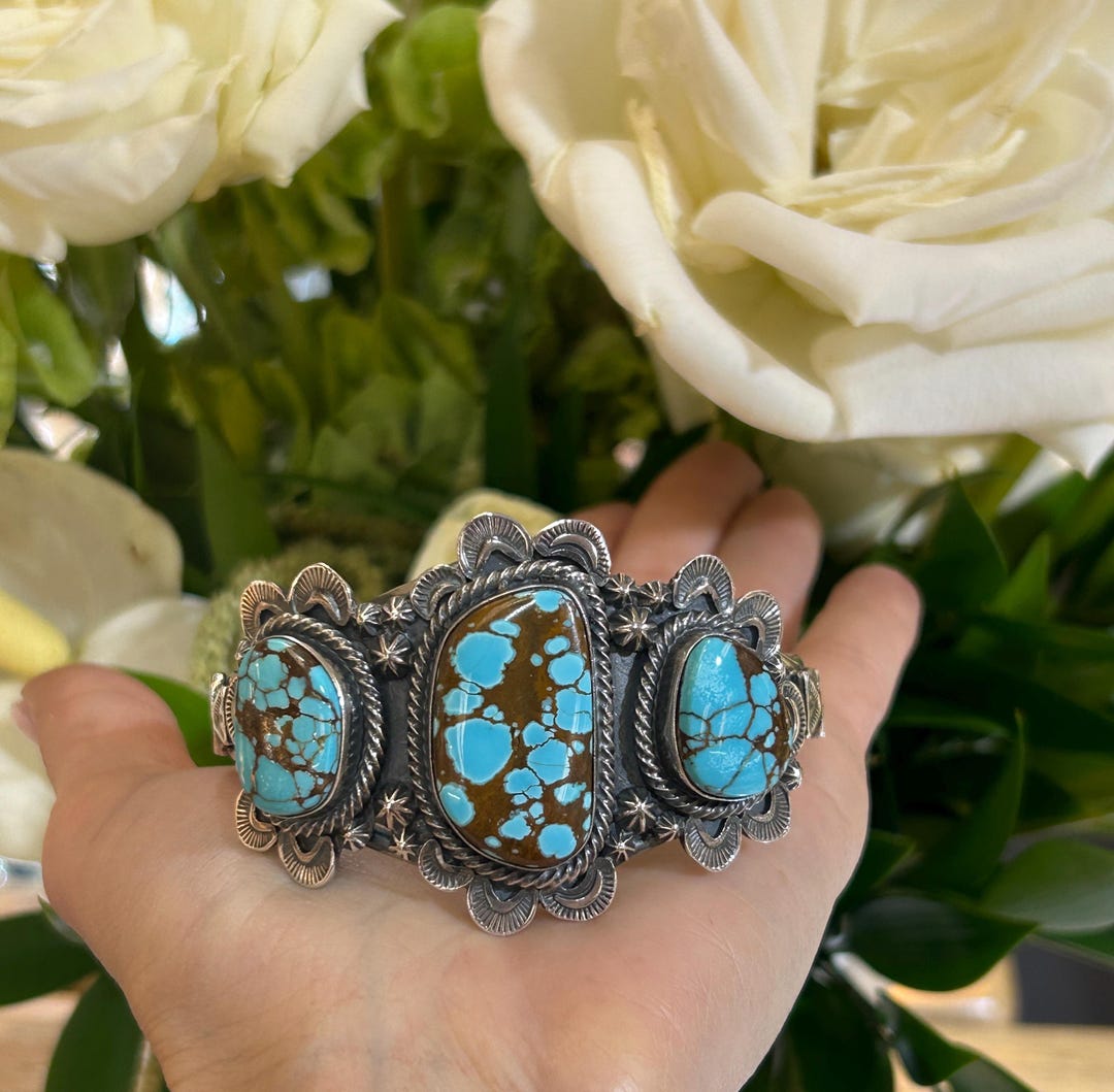 Navajo Handmade Number 8 Spiderweb Turquoises Heavy Thick Sterling ...