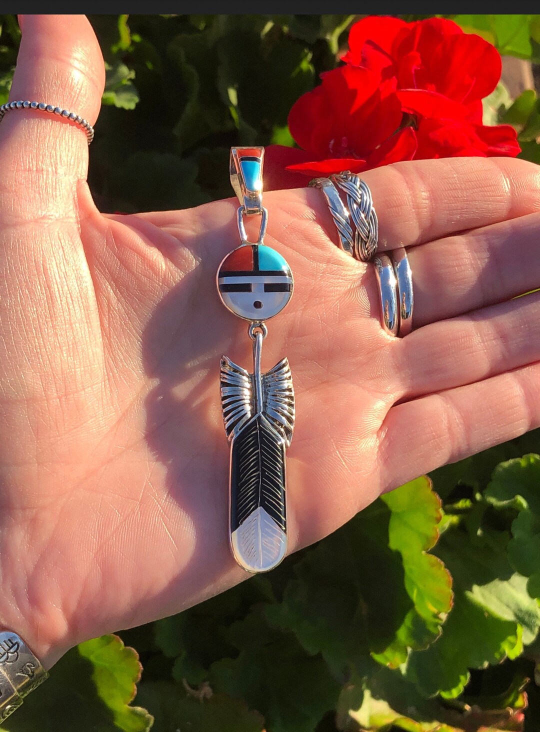 Zuni Sunface Feather Sterling Silver Pendant: Turquoise, Coral, Mother ...