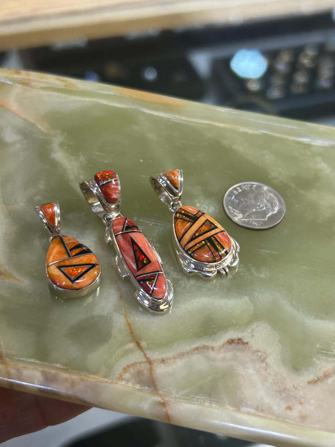 Spiny Oyster Shell Inlay Opal Sterling Silver Navajo Handmade Pendants ...