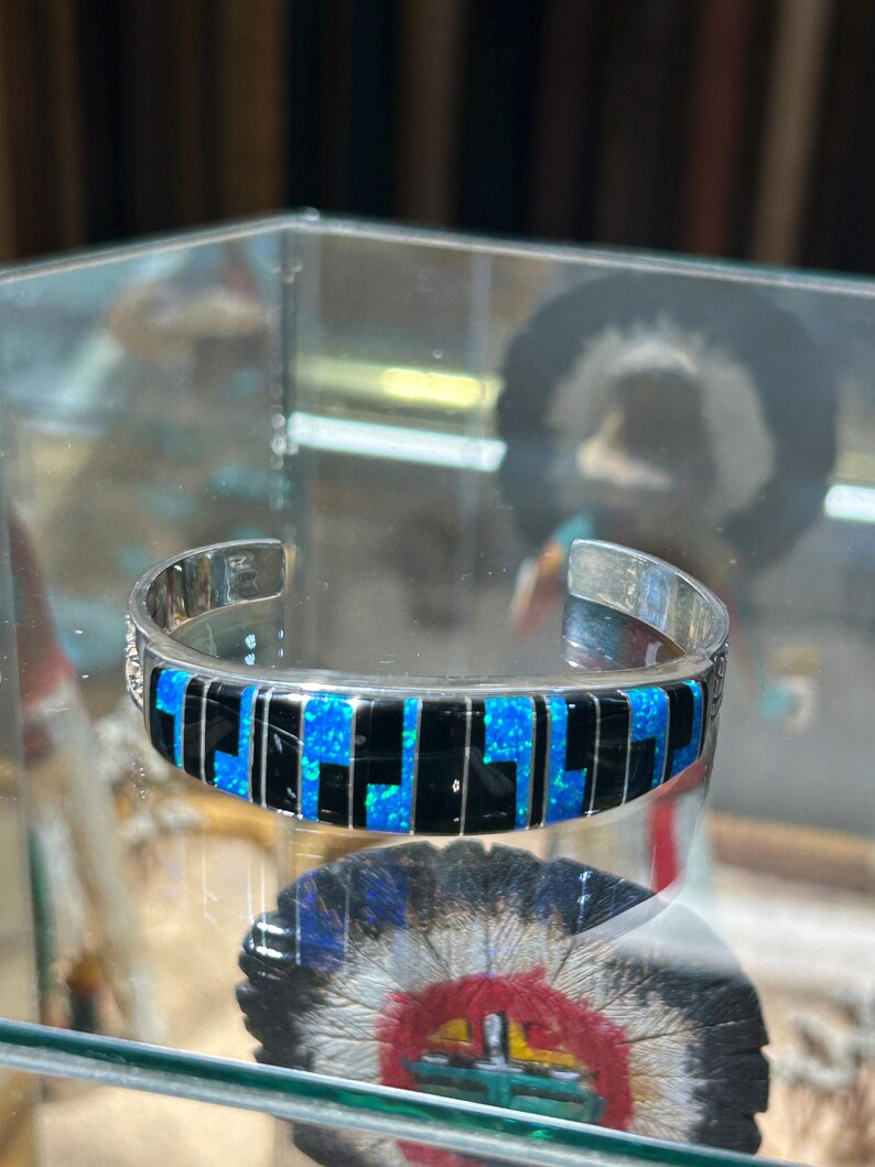 Blue Opal Inlaid With Black Onyx Sterling Silver Navajo Handmade Cuff ...