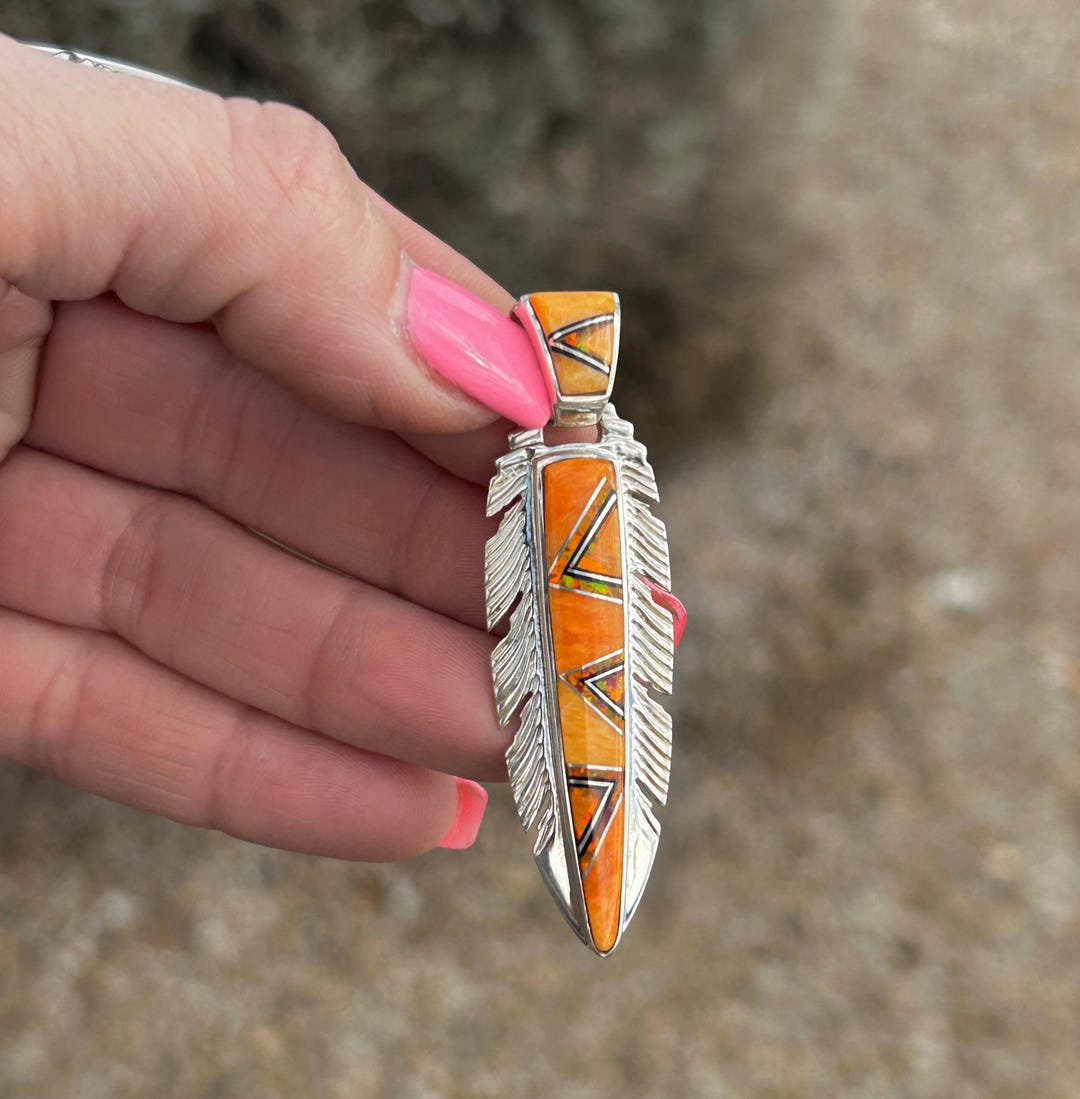 Orange Spiny Oyster Shell Inlay Fire Opal Sterling Silver Navajo ...