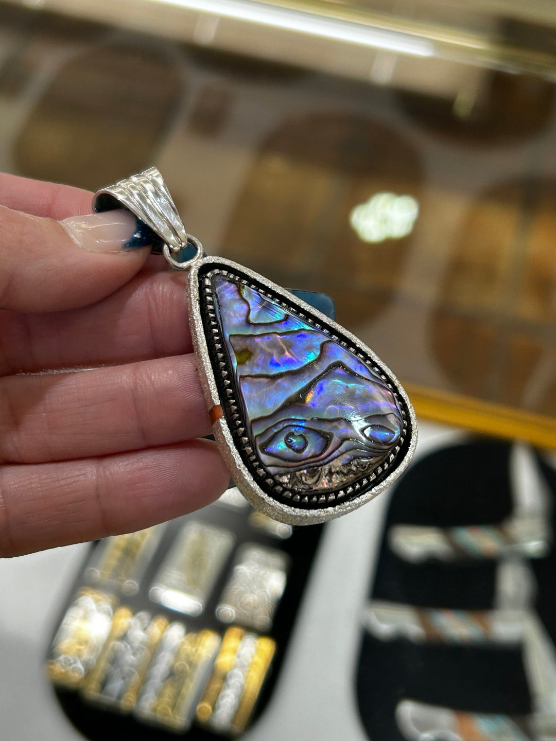 Abalone Shell Large Sterling Silver Hammered Satin Finish Navajo ...