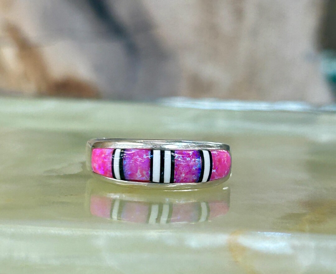 Hot Pink Opal Inlay Sterling Silver Band Ring Navajo Handmade - Etsy