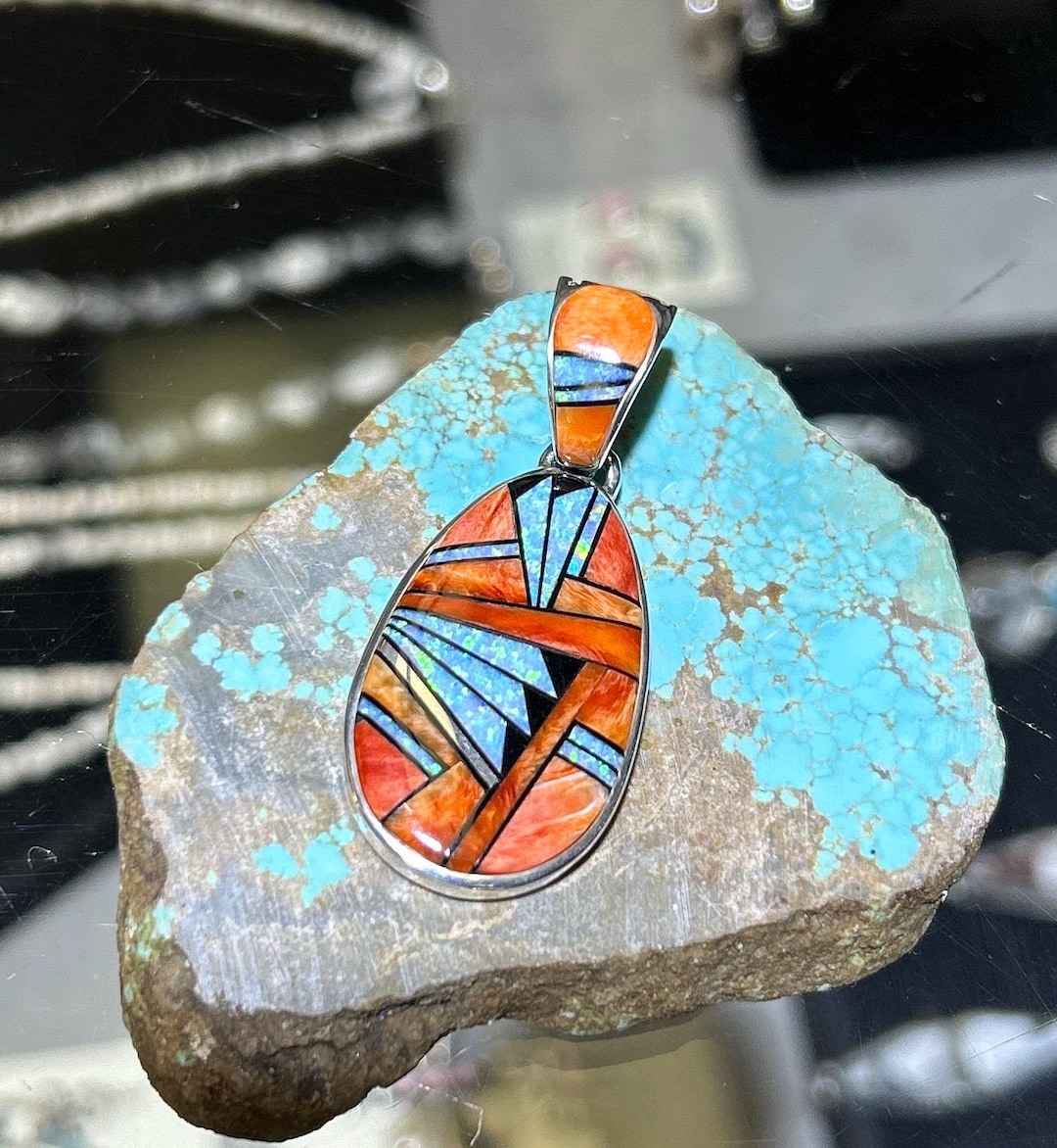 Orange Spiny Oyster Shell Inlay Opal Double Sided Sterling Silver ...