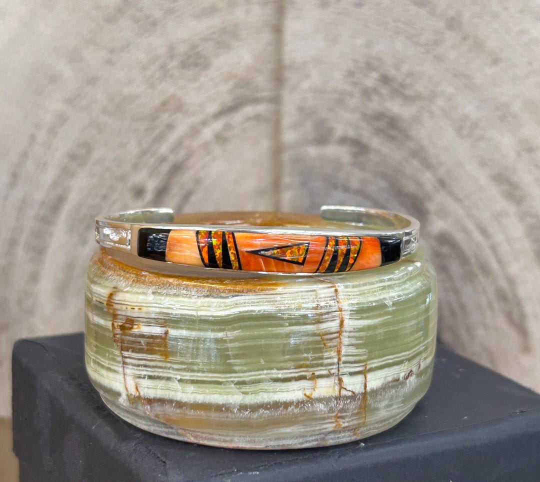 Orange Spiny Oyster Shell With Orange Fire Opal Inlay Sterling Silver ...