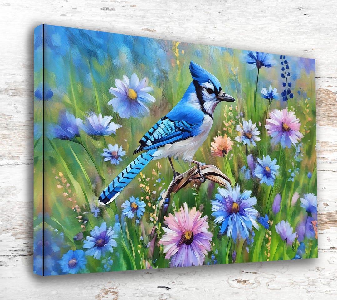 Blue Jay Watercolor Canvas Print-blue Jay Wild Wildflowers Print Canvas ...