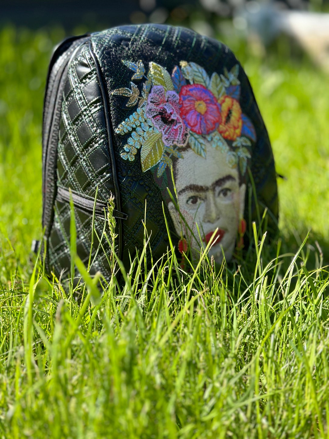 Black Faux Leather Backpack – Frida Kahlo Embroidery, Bold Art Bag ...