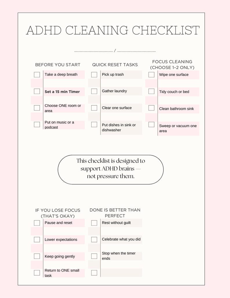 ADHD Cleaning Checklist for Adults | Printable Cleaning Routine ...