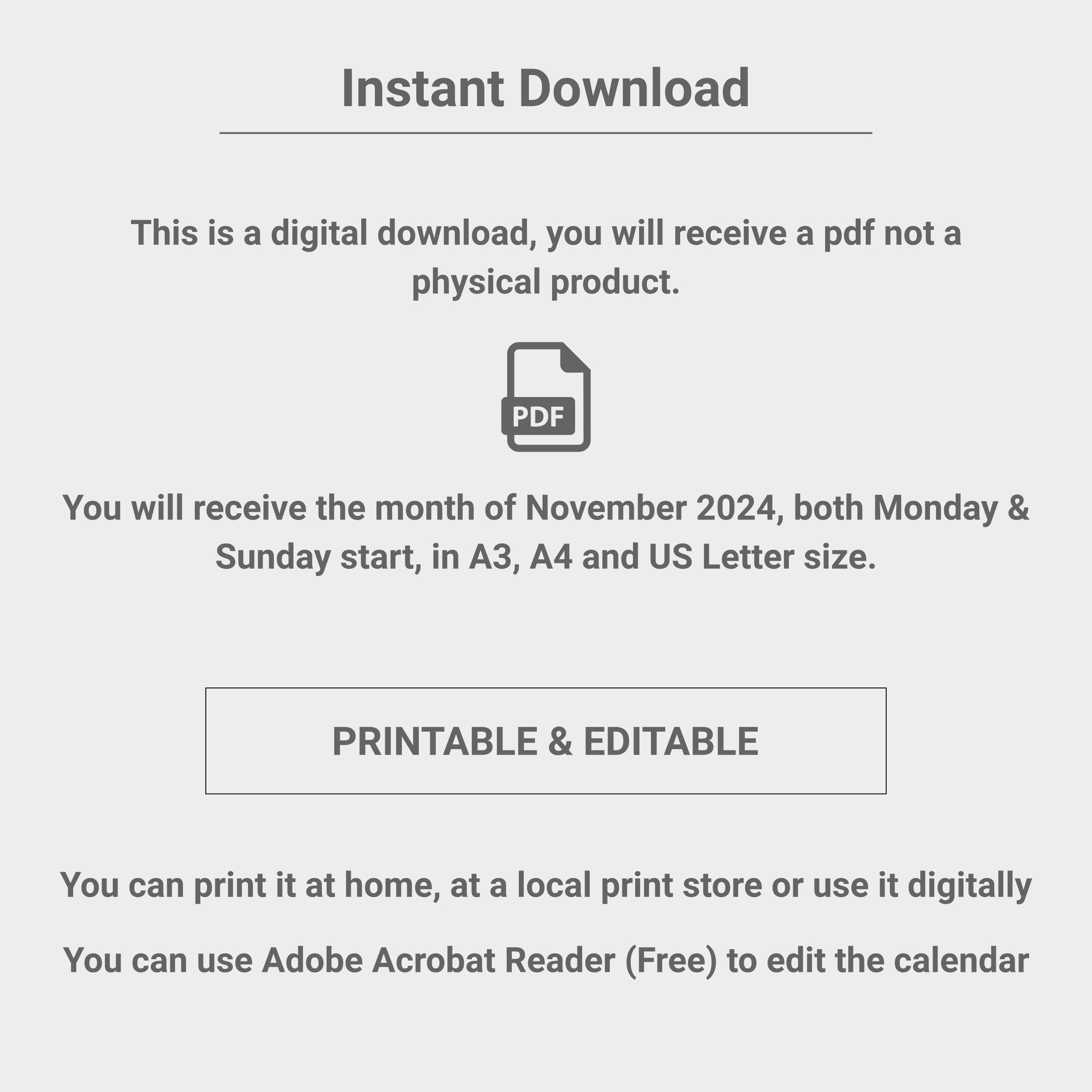 Editable November 2024 Printable Calendar| Printable Monthly| Digital ...
