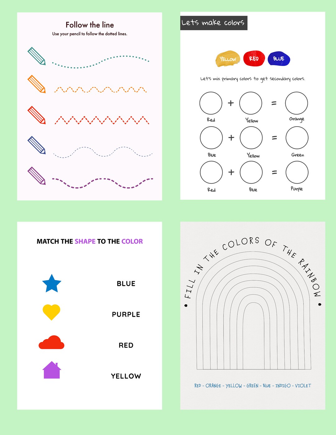 Set of 4 Different Learn Your Color Sheets. Lset Make Colors. Digital ...