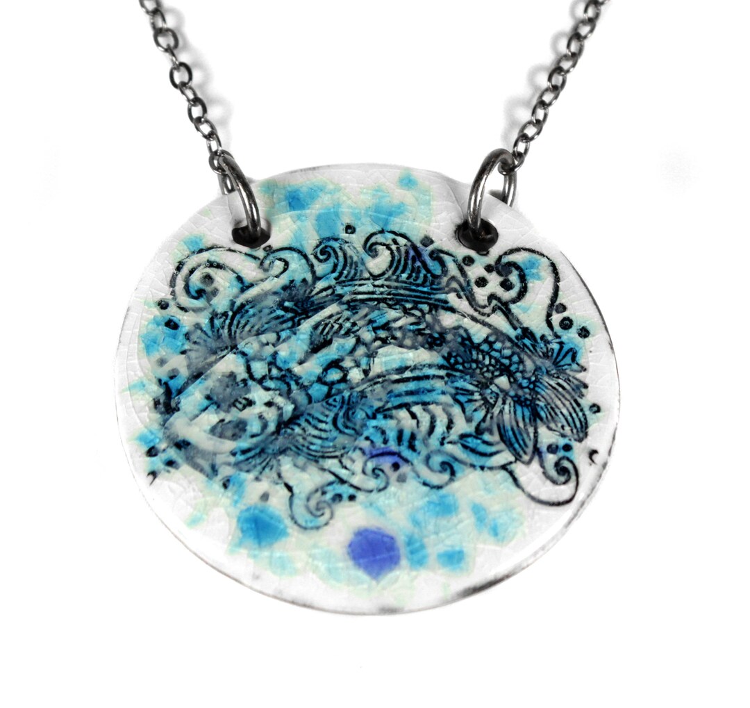 Koi Fish Ceramic Necklace in Blue Crackle With Chain - Etsy