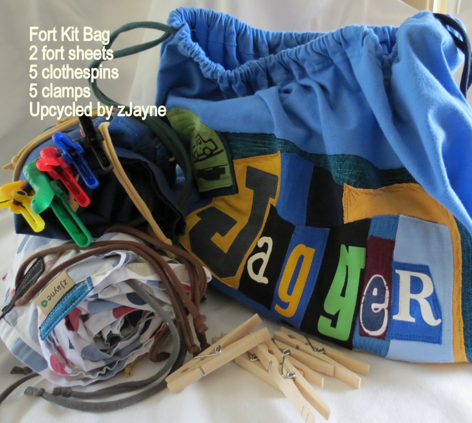 Upcycled FORT Kit Drawstring Bag SET Personalized ONE Bag Two Sheets ...