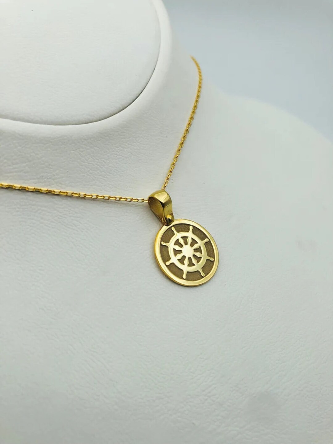 14K Solid Gold Ship Wheel Necklace, Tiny Nautical Necklace, Minimalist ...