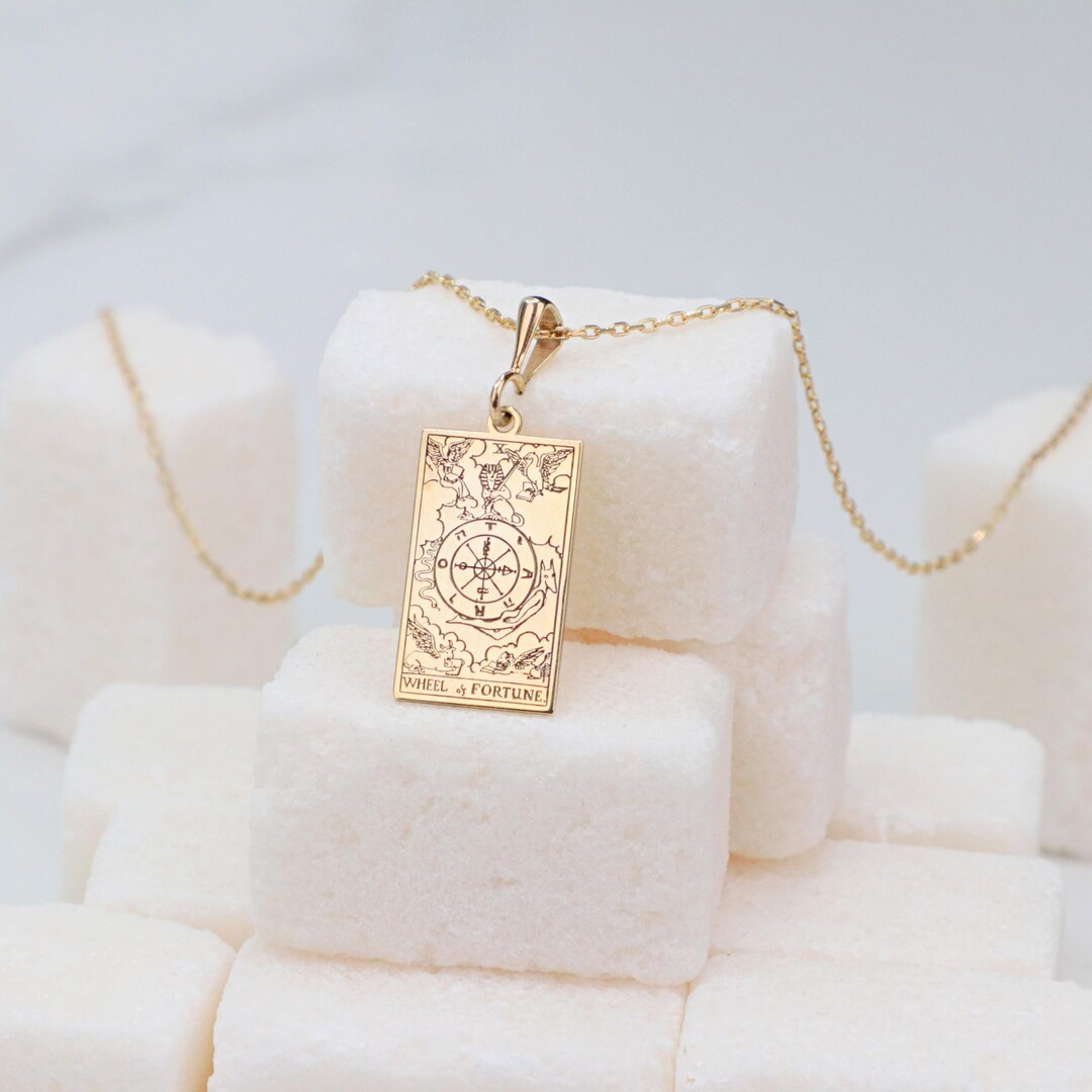 14K Gold Wheel of Fortune Necklace, Tarot Card Necklace, Rectangle Tarot Necklace, Tiny ...
