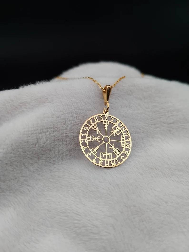Vegvisir Necklace, 14K Gold Arrow Necklace, Geometric Viking Necklace ...