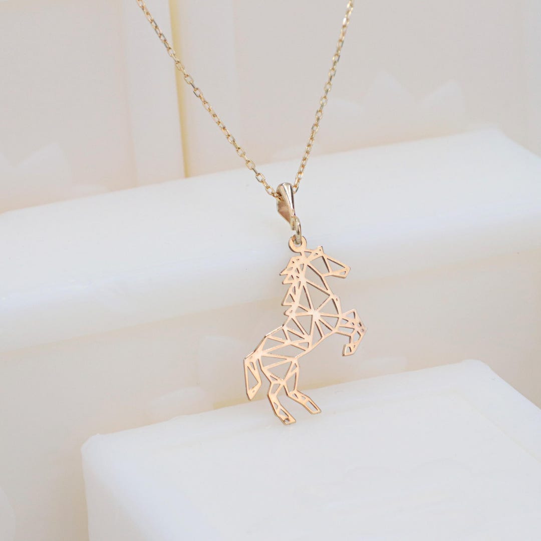 14K Gold Origami Horse Necklace: Geometric Animal Charm - Etsy